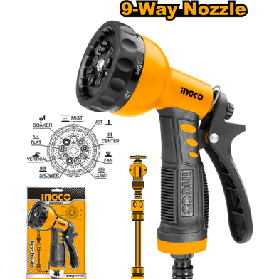 Ingco 9-Pattern Plastic Trigger Nozzle - High-Impact Garden Hose Spray ...